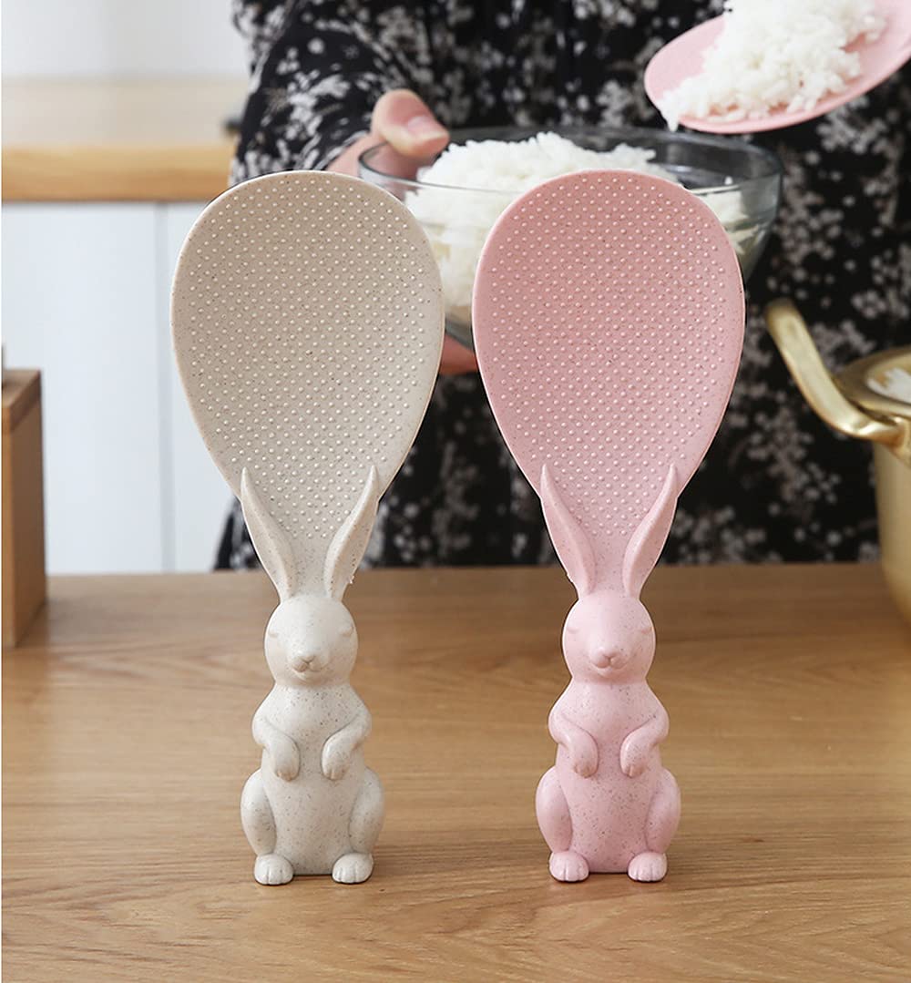 YunQin 2Pcs Creative Cute Rabbit Non-Stick Rice Scoop,Bunny Shape Standable Rice Scooper,Household Rice Cooker Rice Spoon,Cartoon Rice Spoon(Pink+Beige)