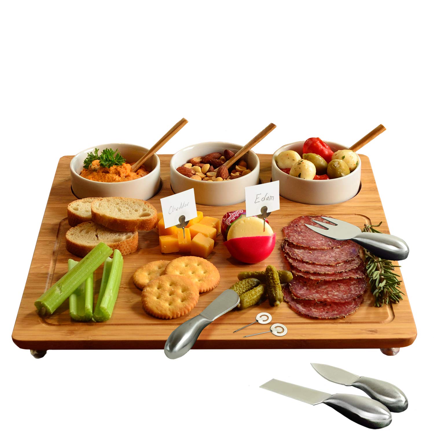 Picnic at Ascot Bamboo Cheese Board/Charcuterie Platter - Includes 3 Ceramic Bowls, Bamboo Spoons, Stainless Steel Cheese Tools, Cheese Markers - Designed and Quality Checked in The USA