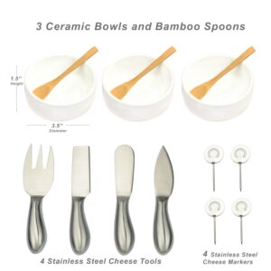 Picnic at Ascot Bamboo Cheese Board/Charcuterie Platter - Includes 3 Ceramic Bowls, Bamboo Spoons, Stainless Steel Cheese Tools, Cheese Markers - Designed and Quality Checked in The USA