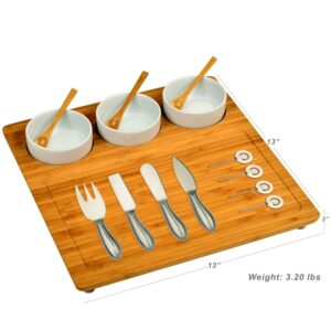 Picnic at Ascot Bamboo Cheese Board/Charcuterie Platter - Includes 3 Ceramic Bowls, Bamboo Spoons, Stainless Steel Cheese Tools, Cheese Markers - Designed and Quality Checked in The USA