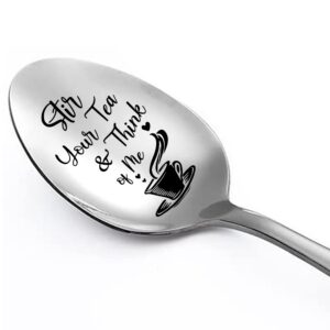 family Kitchen Funny Stir Your Tea and Think of Me Engraved Stainless Steel Coffee Tea Spoon, Coffee Tea Lover Gift for Husband Wife Couple Birthday Valentine Anniversary Christmas Gift