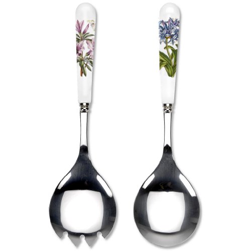 Portmeirion Botanic Garden Set of 2 Salad Servers | 10 Inch Salad Serving Set | Azalea and African Lily Motifs | Made from Stainless Steel and Porcelain