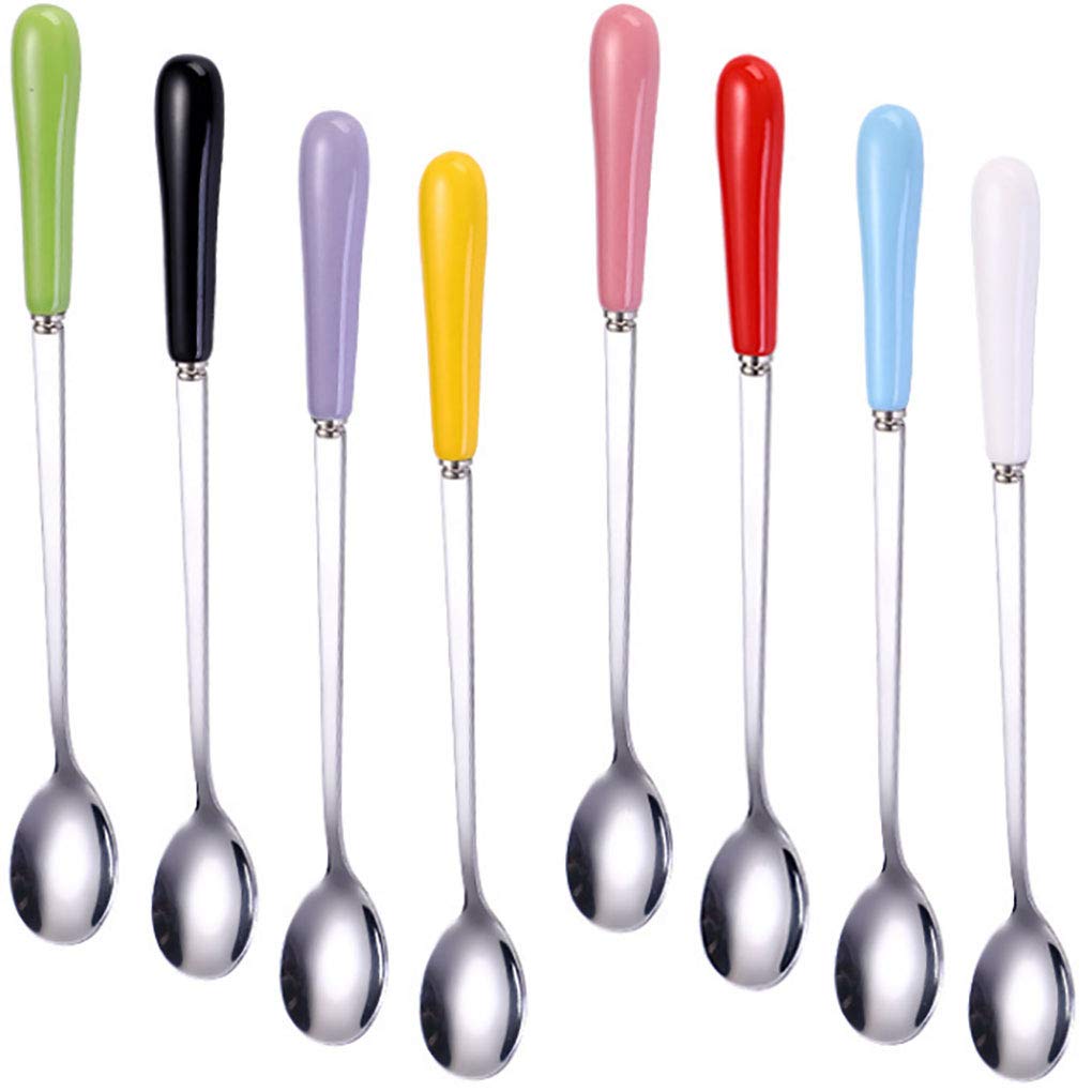 Goeielewe Mixing Spoons Set of 8, Stainless Steel Iced Teaspoons with Ceramic Handle 7.6-Inch Long Soup Tablespoons Espresso Coffee Spoons Candy-Colored, Mixed Color