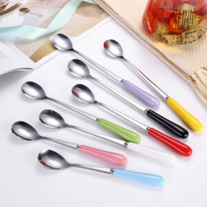 Goeielewe Mixing Spoons Set of 8, Stainless Steel Iced Teaspoons with Ceramic Handle 7.6-Inch Long Soup Tablespoons Espresso Coffee Spoons Candy-Colored, Mixed Color