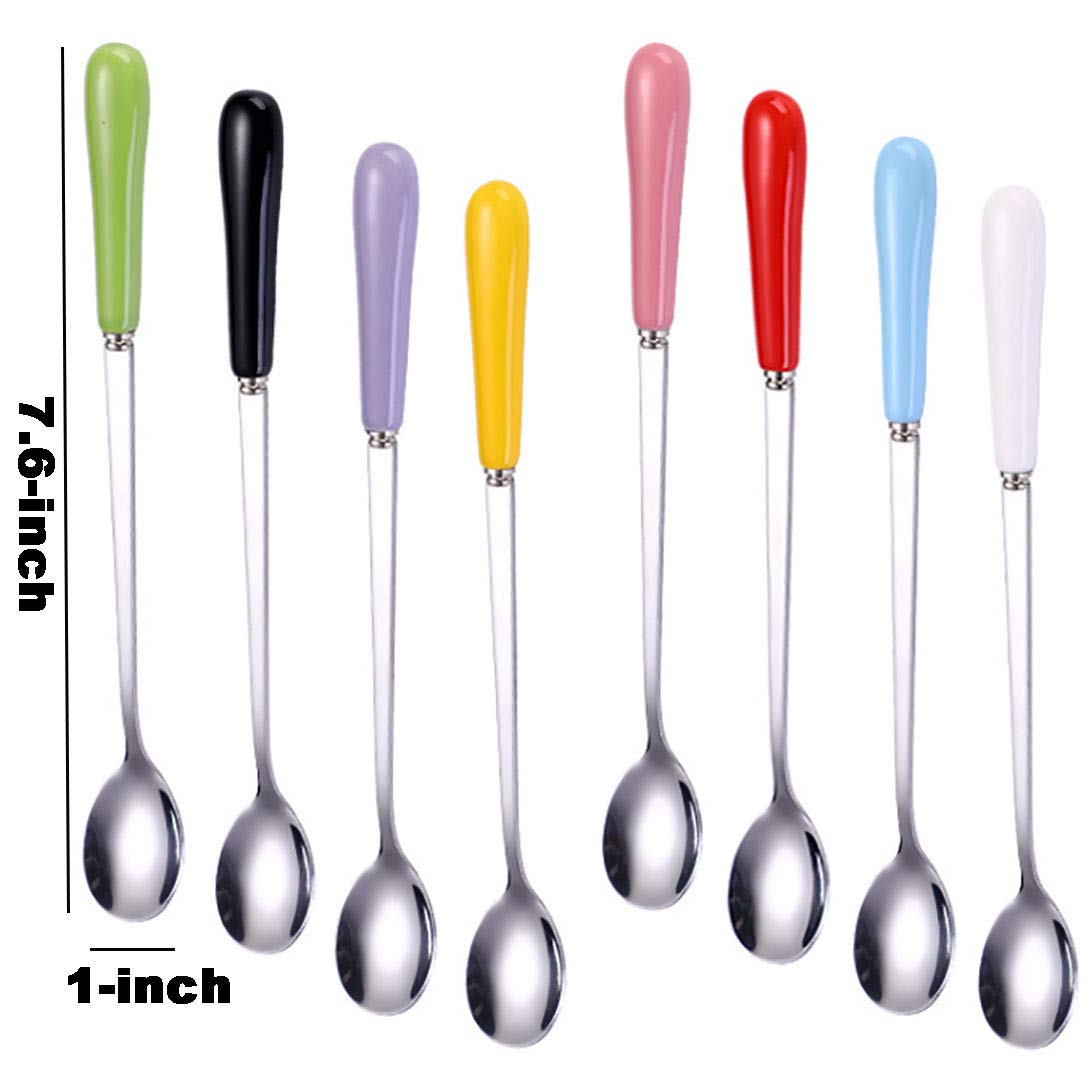 Goeielewe Mixing Spoons Set of 8, Stainless Steel Iced Teaspoons with Ceramic Handle 7.6-Inch Long Soup Tablespoons Espresso Coffee Spoons Candy-Colored, Mixed Color