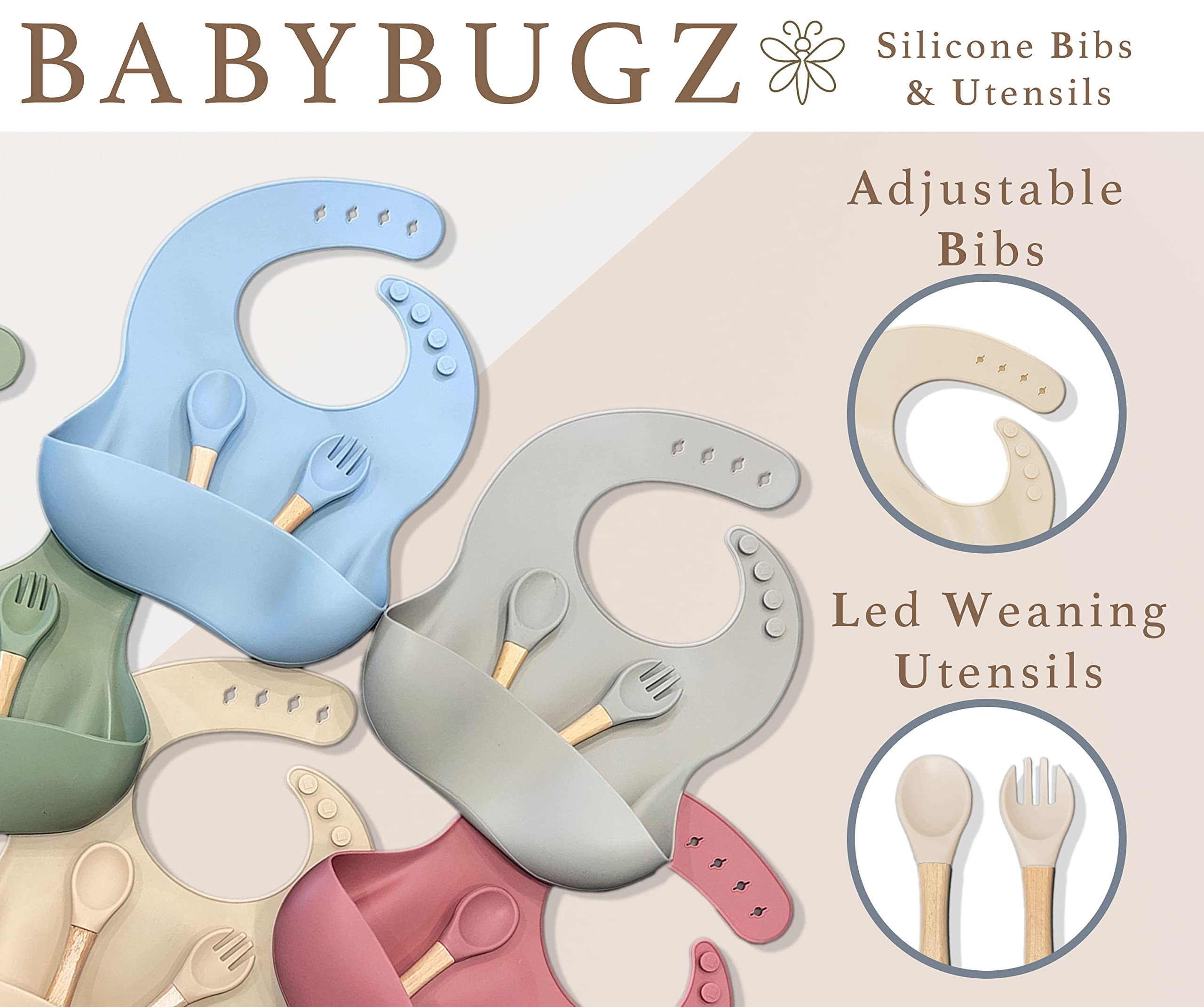 BabyBugz 7 Piece Baby Silicone Feeding Set, Baby Led Weaning Supplies with Silicone Suction Baby Bowls, Baby Silicone Plate With Suction and Baby Bibs, Baby Essentials Led Weaning Utensils (Sand)