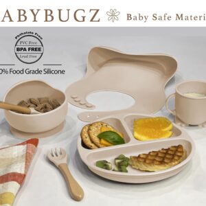 BabyBugz 7 Piece Baby Silicone Feeding Set, Baby Led Weaning Supplies with Silicone Suction Baby Bowls, Baby Silicone Plate With Suction and Baby Bibs, Baby Essentials Led Weaning Utensils (Sand)