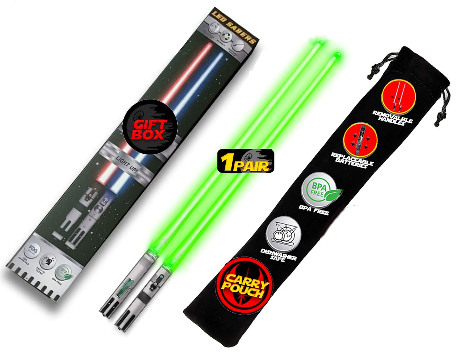 LIGHTSABER CHOPSTICKS LIGHT UP STAR WARS LED Glowing Light Saber Chop Sticks REUSABLE Sushi Lightup Sabers Removable Handle Dishwasher Safe Green 1 Pair