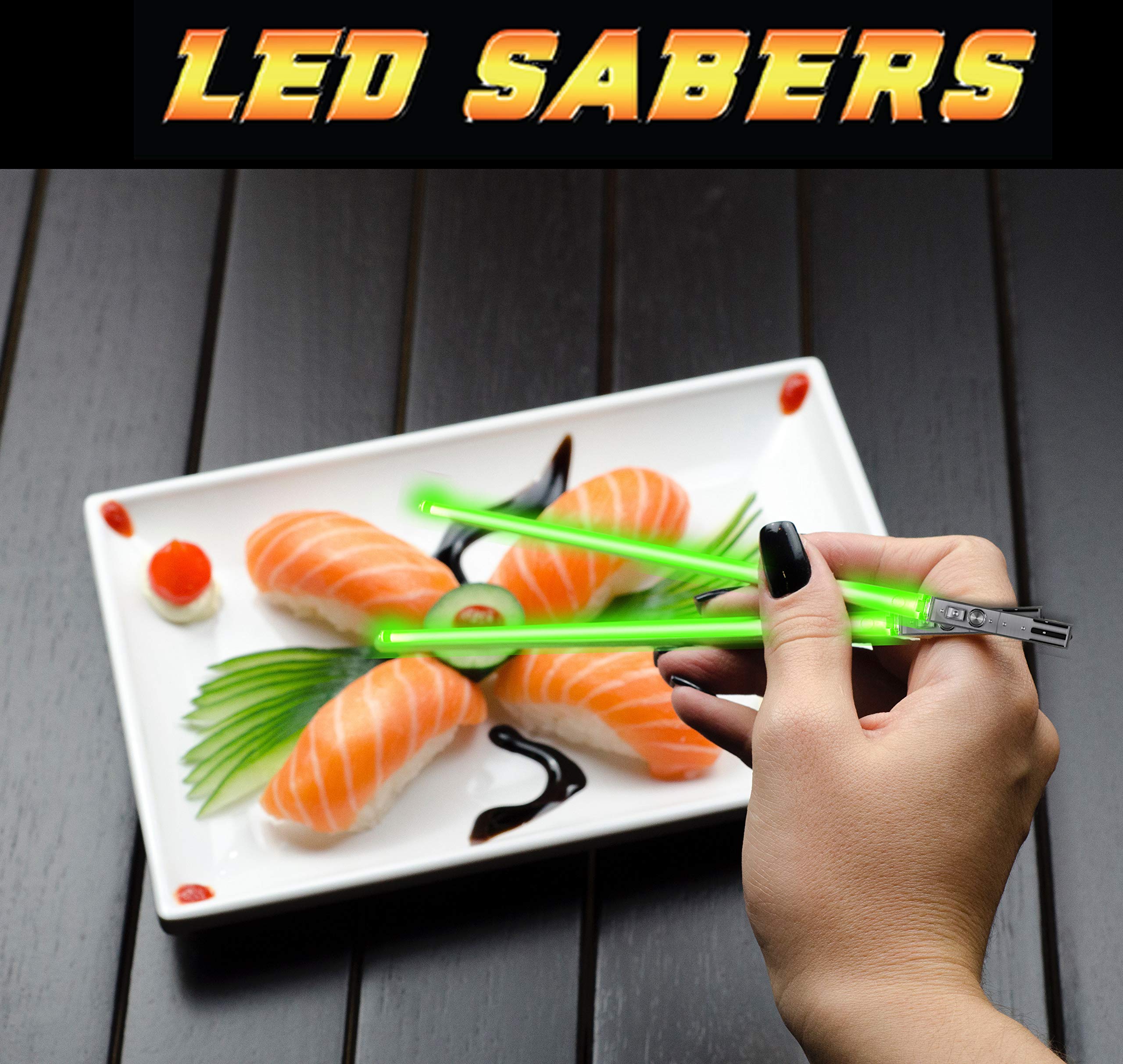 LIGHTSABER CHOPSTICKS LIGHT UP STAR WARS LED Glowing Light Saber Chop Sticks REUSABLE Sushi Lightup Sabers Removable Handle Dishwasher Safe Green 1 Pair