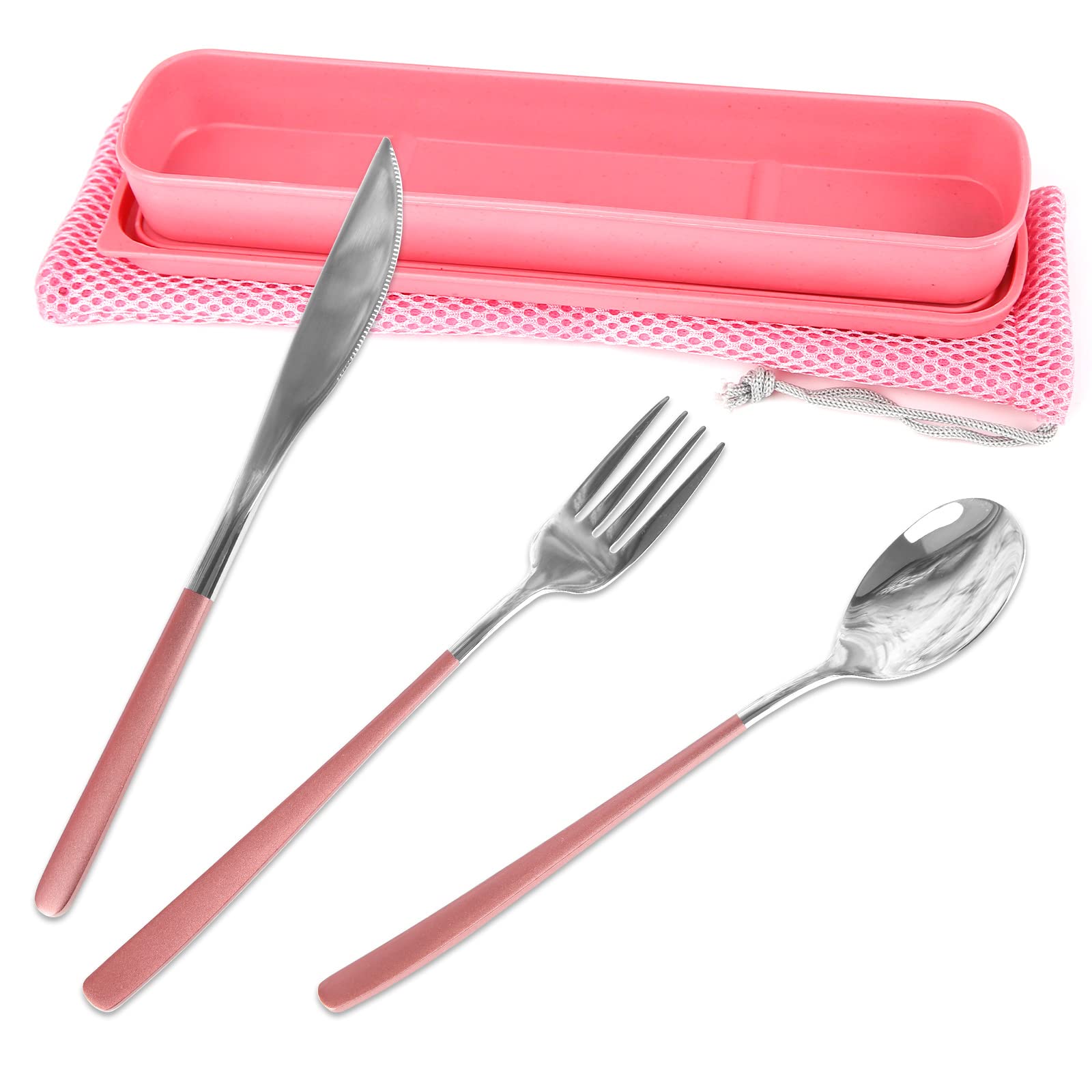 5 Pcs Portable Stainless Steel Flatware Set, Travel Reusable Utensils Set, Cutlery Set Including Knife, Fork, Spoon, and Carry Case for School, Office, Camping, and Picnic (pink)