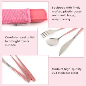 5 Pcs Portable Stainless Steel Flatware Set, Travel Reusable Utensils Set, Cutlery Set Including Knife, Fork, Spoon, and Carry Case for School, Office, Camping, and Picnic (pink)