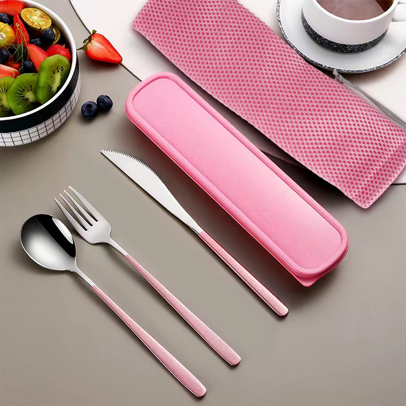 5 Pcs Portable Stainless Steel Flatware Set, Travel Reusable Utensils Set, Cutlery Set Including Knife, Fork, Spoon, and Carry Case for School, Office, Camping, and Picnic (pink)