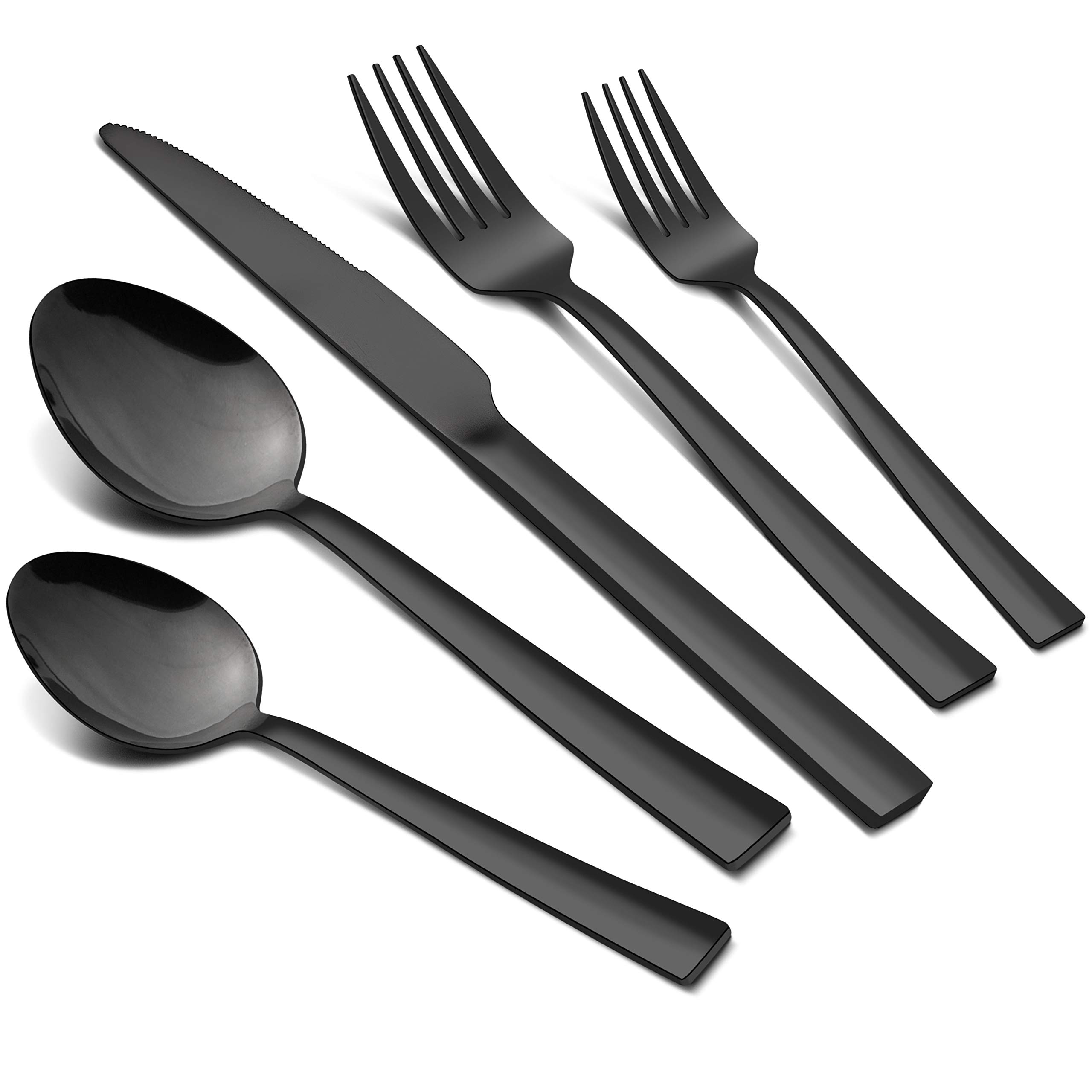 LIANYU Stainless Steel Black Silverware Set, 20-Piece Square Flatware Cutlery Set for 4, Kitchen Restaurant Party Eating Utensils Tableware, Mirror Finish, Dishwasher Safe