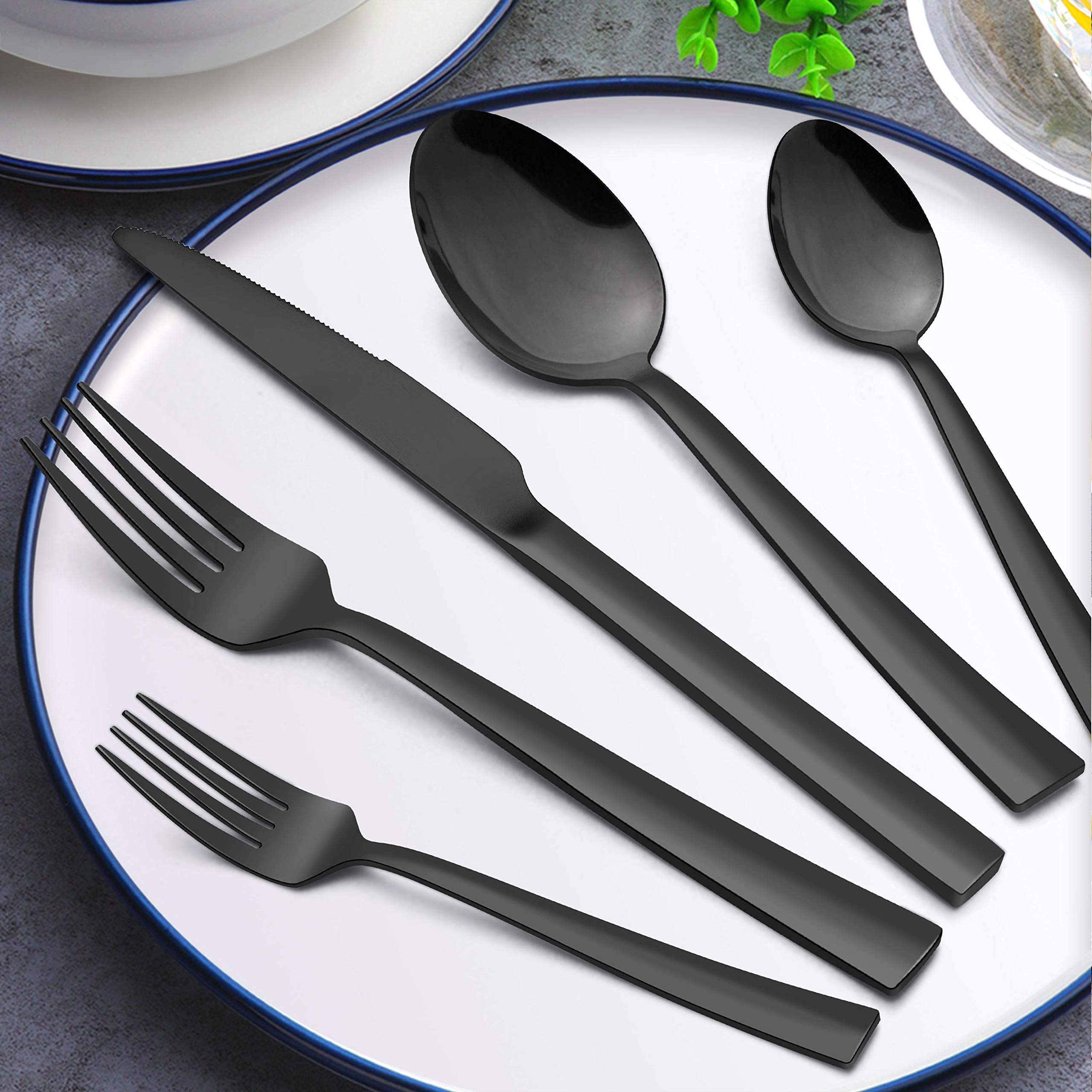 LIANYU Stainless Steel Black Silverware Set, 20-Piece Square Flatware Cutlery Set for 4, Kitchen Restaurant Party Eating Utensils Tableware, Mirror Finish, Dishwasher Safe