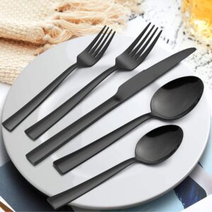 LIANYU Stainless Steel Black Silverware Set, 20-Piece Square Flatware Cutlery Set for 4, Kitchen Restaurant Party Eating Utensils Tableware, Mirror Finish, Dishwasher Safe