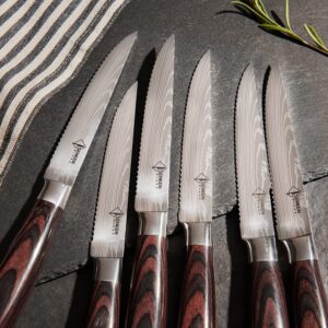 SENKEN Professional Steak Knife Set with Damascus Pattern - Razor Sharp Serrated Stainless Steel & Wood Handle (Steak Knives Set of 6)