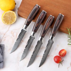 SENKEN Professional Steak Knife Set with Damascus Pattern - Razor Sharp Serrated Stainless Steel & Wood Handle (Steak Knives Set of 6)