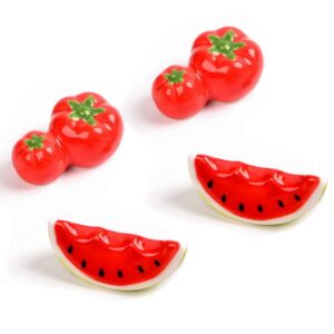 4pcs cute tomato watermelon ceramic chopstick holder creative fruit chopstick rest rack stand utensil holder for chopsticks forks spoons table decor, red