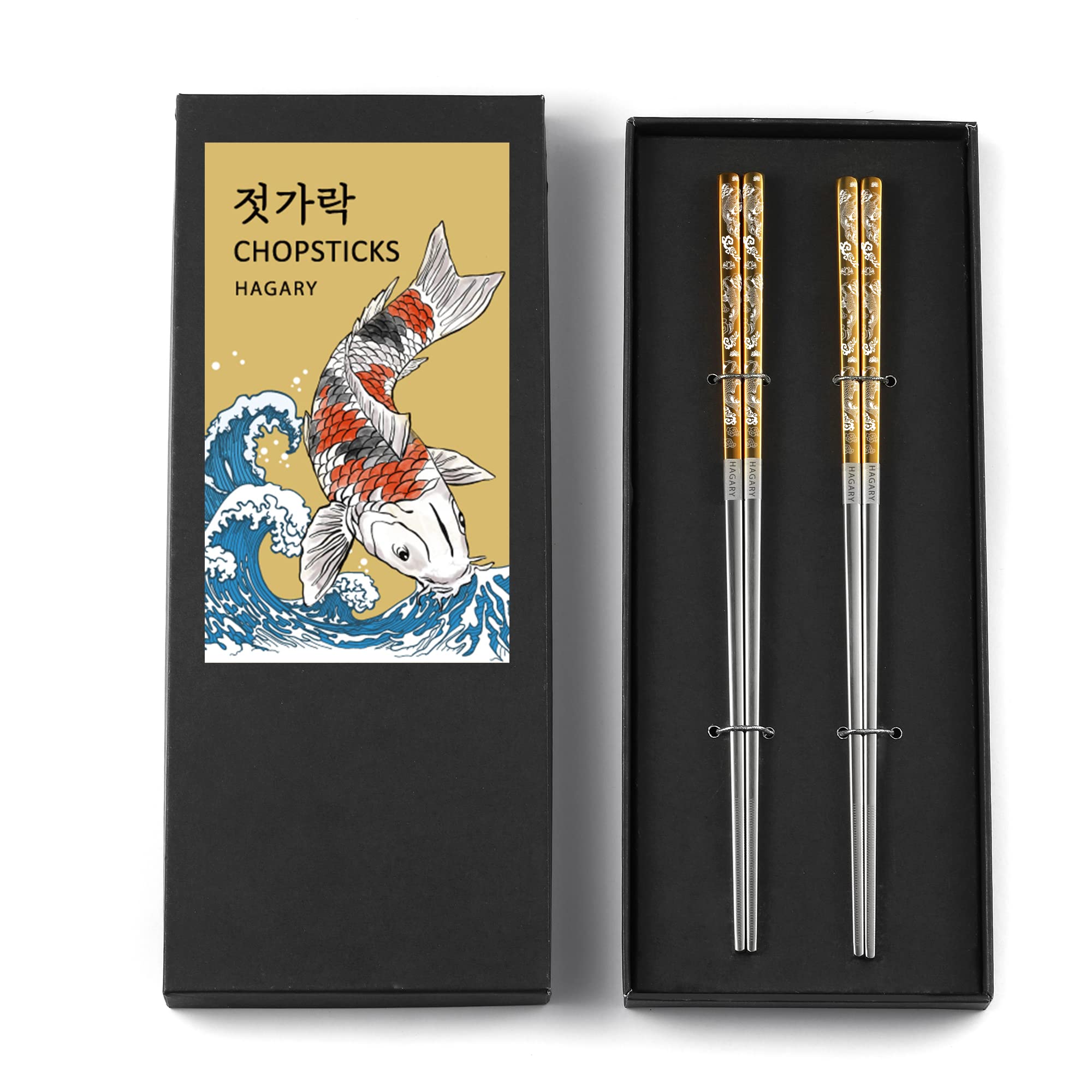 Carp Gold Reusable Chopsticks Square Metal Stainless Steel 316 18/10 Non-Slip Dishwasher Safe Designed In Korea Japanese Style (Gold - 2 Pairs)