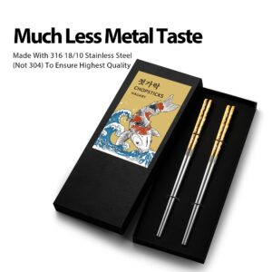 Carp Gold Reusable Chopsticks Square Metal Stainless Steel 316 18/10 Non-Slip Dishwasher Safe Designed In Korea Japanese Style (Gold - 2 Pairs)