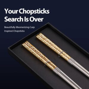 Carp Gold Reusable Chopsticks Square Metal Stainless Steel 316 18/10 Non-Slip Dishwasher Safe Designed In Korea Japanese Style (Gold - 2 Pairs)