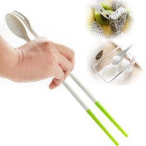 Silicone Cooking Chopsticks with Measuring spoon and fork,Safe Frying,Hot Pot,Seasoning spoon,Measuring spoon,Dessert fork,Fruit fork,Toothpick fork. (Green (tail spoon + fork))