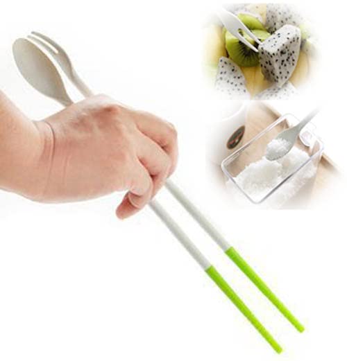 Silicone Cooking Chopsticks with Measuring spoon and fork,Safe Frying,Hot Pot,Seasoning spoon,Measuring spoon,Dessert fork,Fruit fork,Toothpick fork. (Green (tail spoon + fork))