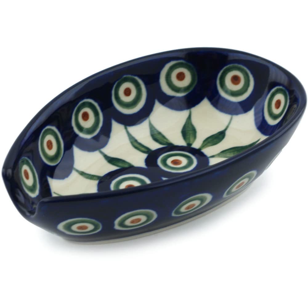 Polish Pottery Spoon Rest 5-inch made by Ceramika Artystyczna (Peacock Leaves Theme)