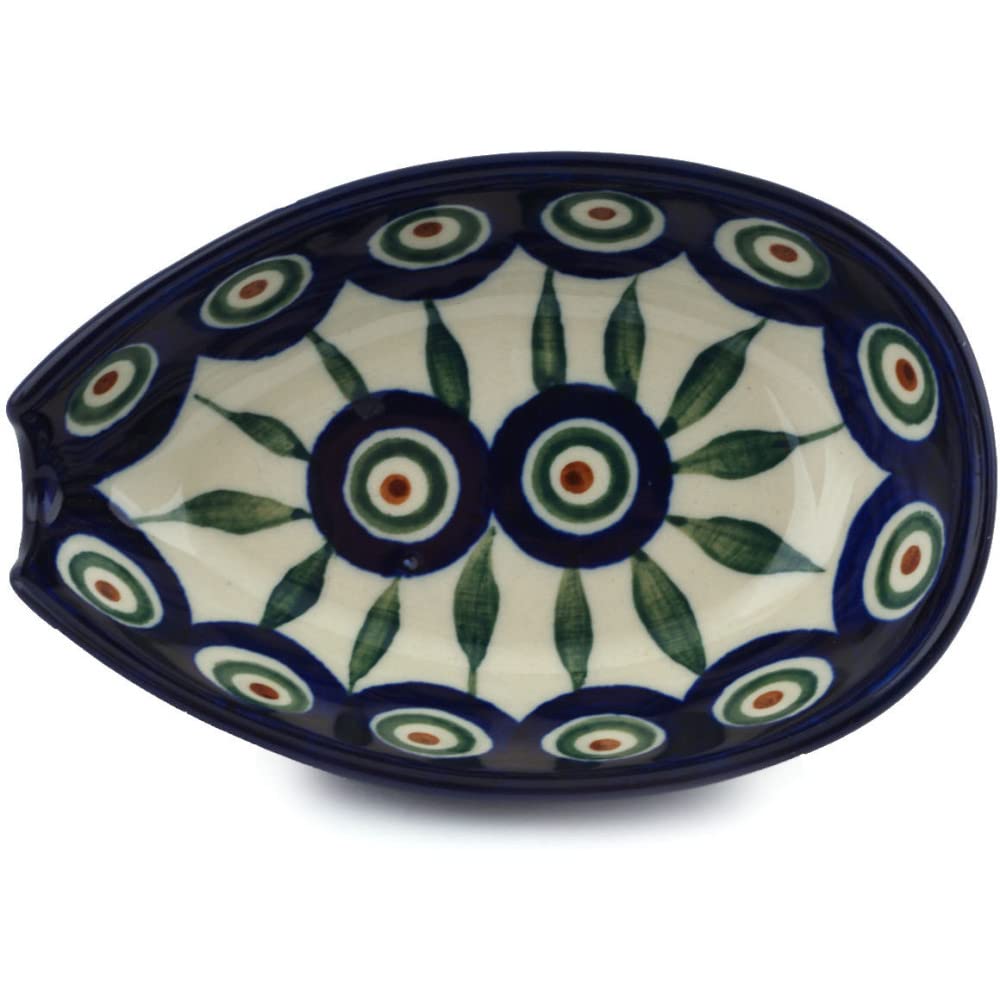 Polish Pottery Spoon Rest 5-inch made by Ceramika Artystyczna (Peacock Leaves Theme)