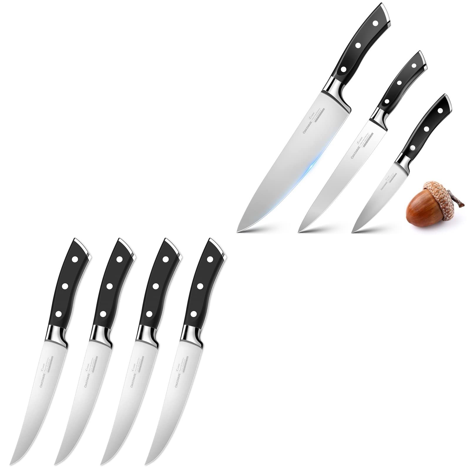 OAKSWARE Steak Knives Set of 4 and Kitchen Knives Set of 3