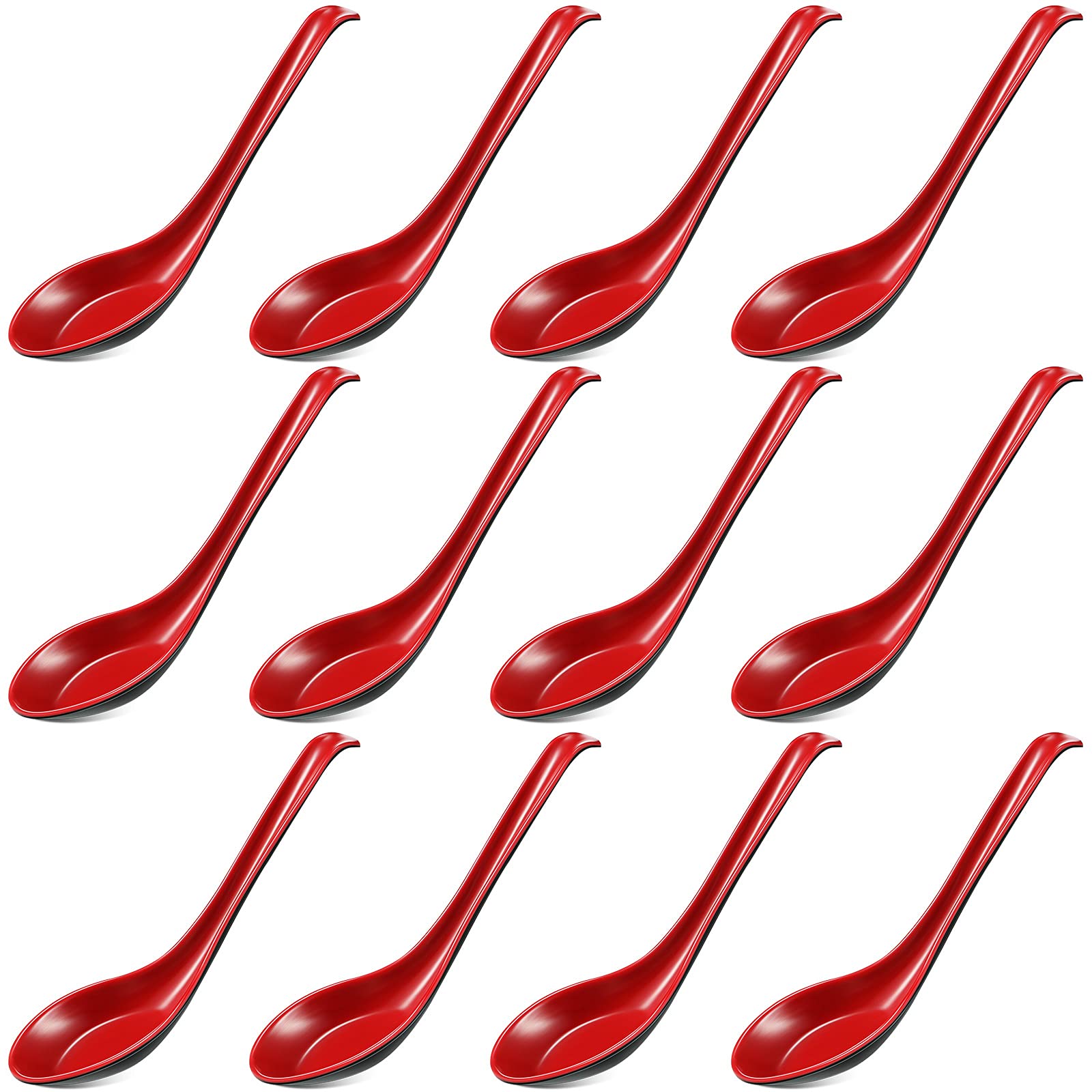 12 Pieces Asian Soup Spoons Hook Soba Noodle Soup Spoons Chinese Won Ton Soup Spoon Asian Red and Black for Home and Kitchen