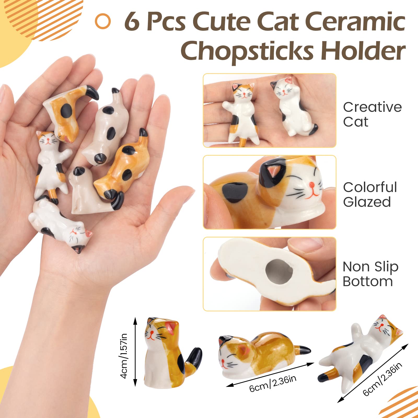 ORYOUGO Set of 6 Cute Cat Ceramic Chopsticks Holder Rest for Dinner Spoon,Fork,Knife,Tableware