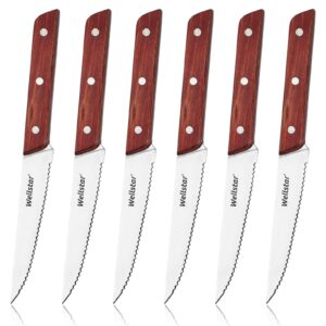 wellstar serrated steak knife set of 6, ultra sharp japanese stainless steel 4.5 inch blade and full tang pakkawood handle dinner table knives pack for home kitchen restaurant – triple riveted