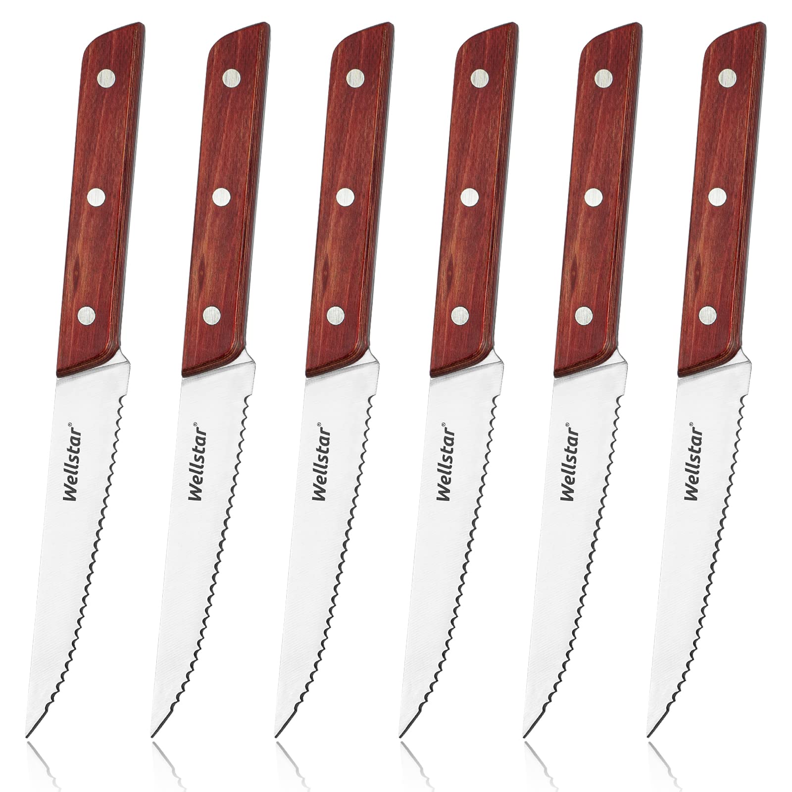 WELLSTAR Serrated Steak Knife Set of 6, Ultra Sharp Japanese Stainless Steel 4.5 inch Blade and Full Tang Pakkawood Handle Dinner Table Knives Pack for Home Kitchen Restaurant – Triple Riveted