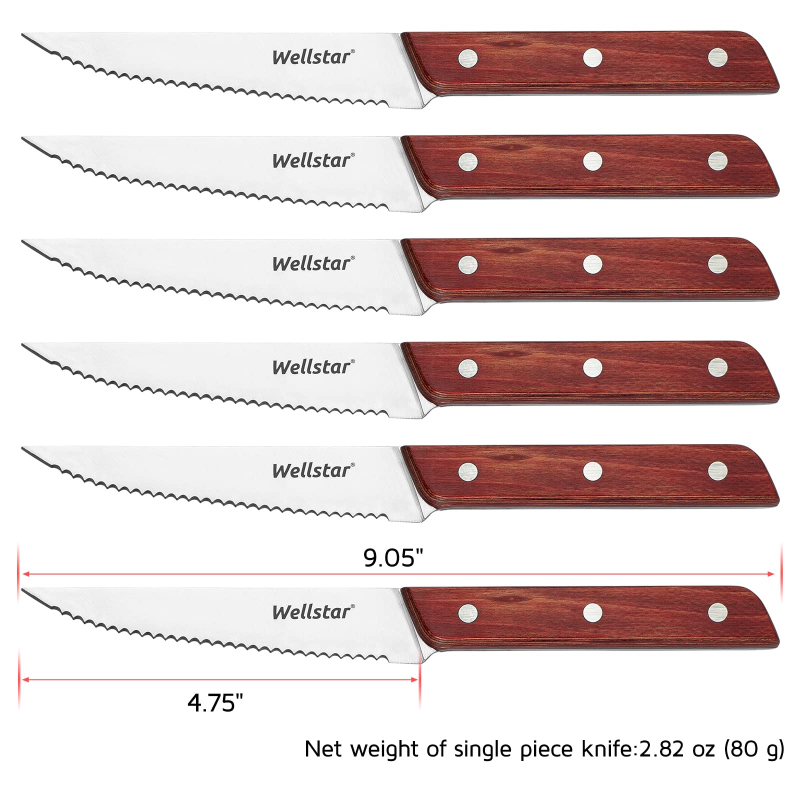 WELLSTAR Serrated Steak Knife Set of 6, Ultra Sharp Japanese Stainless Steel 4.5 inch Blade and Full Tang Pakkawood Handle Dinner Table Knives Pack for Home Kitchen Restaurant – Triple Riveted