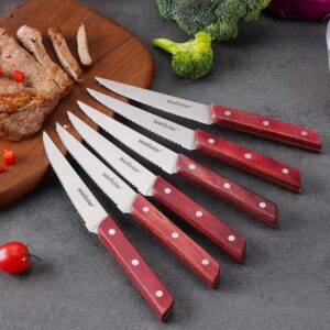 WELLSTAR Serrated Steak Knife Set of 6, Ultra Sharp Japanese Stainless Steel 4.5 inch Blade and Full Tang Pakkawood Handle Dinner Table Knives Pack for Home Kitchen Restaurant – Triple Riveted