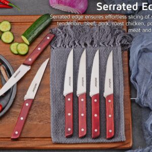 WELLSTAR Serrated Steak Knife Set of 6, Ultra Sharp Japanese Stainless Steel 4.5 inch Blade and Full Tang Pakkawood Handle Dinner Table Knives Pack for Home Kitchen Restaurant – Triple Riveted