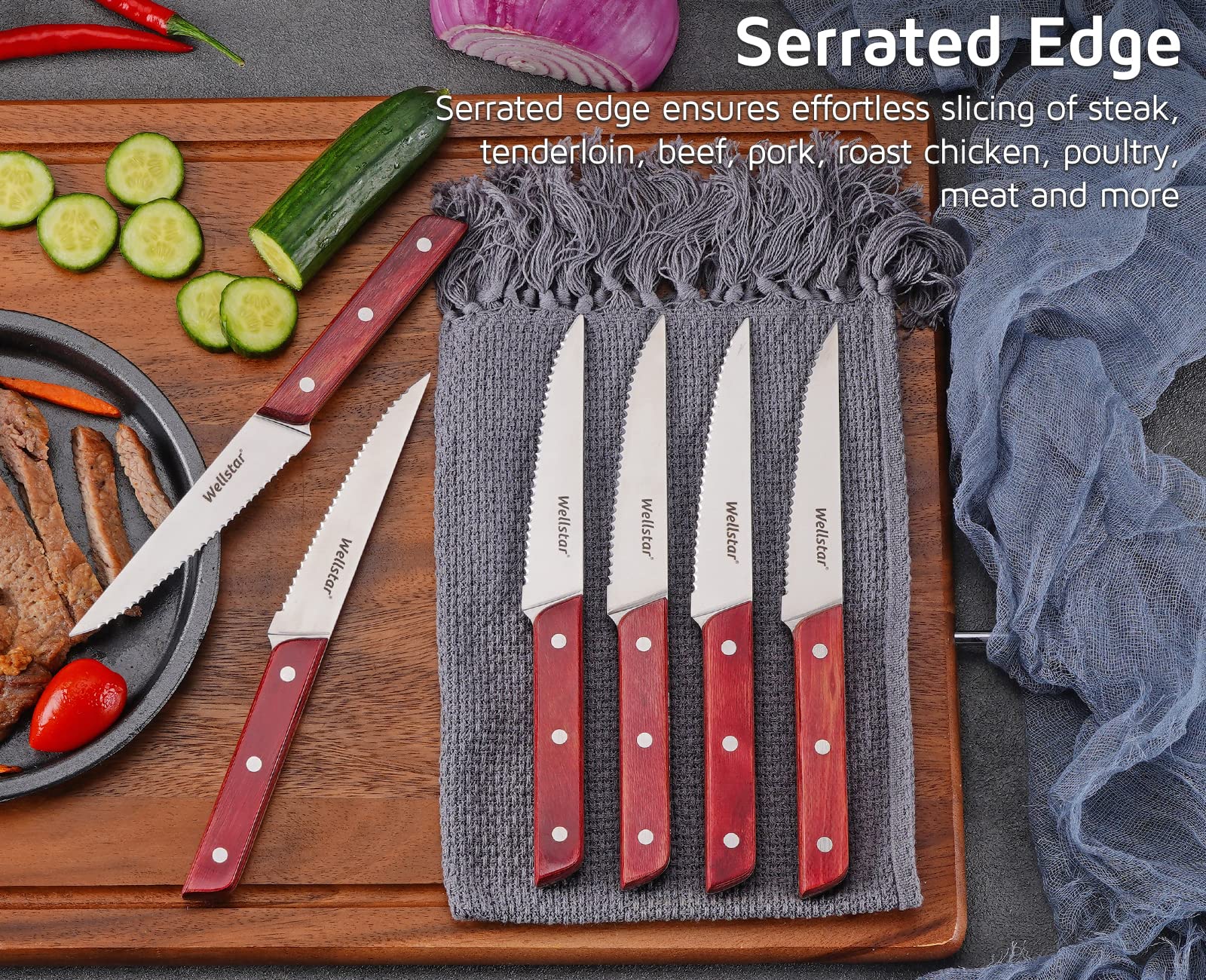 WELLSTAR Serrated Steak Knife Set of 6, Ultra Sharp Japanese Stainless Steel 4.5 inch Blade and Full Tang Pakkawood Handle Dinner Table Knives Pack for Home Kitchen Restaurant – Triple Riveted