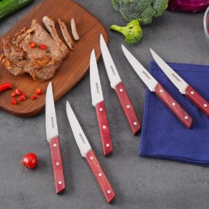 WELLSTAR Serrated Steak Knife Set of 6, Ultra Sharp Japanese Stainless Steel 4.5 inch Blade and Full Tang Pakkawood Handle Dinner Table Knives Pack for Home Kitchen Restaurant – Triple Riveted