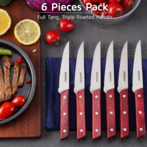 WELLSTAR Serrated Steak Knife Set of 6, Ultra Sharp Japanese Stainless Steel 4.5 inch Blade and Full Tang Pakkawood Handle Dinner Table Knives Pack for Home Kitchen Restaurant – Triple Riveted