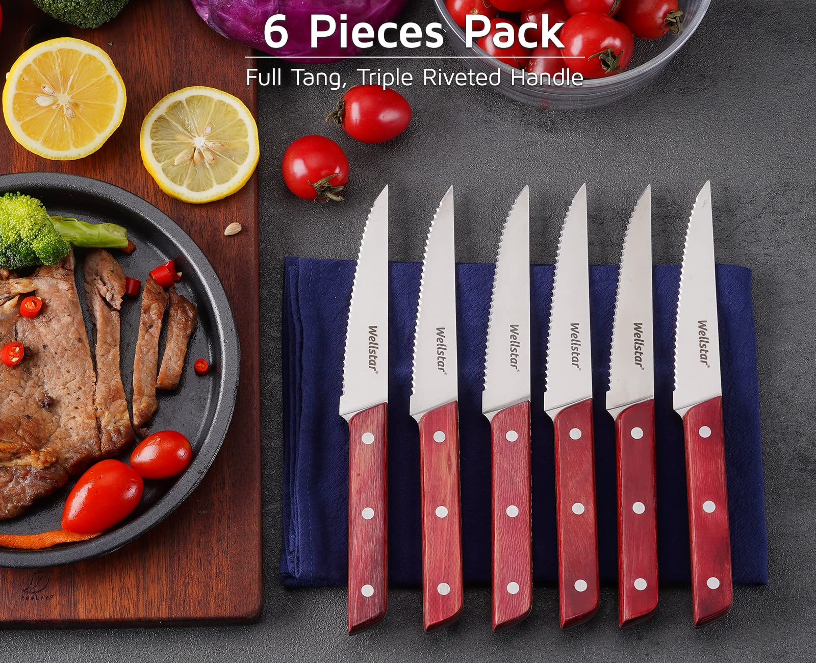 WELLSTAR Serrated Steak Knife Set of 6, Ultra Sharp Japanese Stainless Steel 4.5 inch Blade and Full Tang Pakkawood Handle Dinner Table Knives Pack for Home Kitchen Restaurant – Triple Riveted