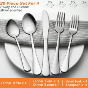 CIYOUTTO Silverware Set Flatware set ,20-Piece Service for 4,Kitchen Eating Utensils Set Stainless Steel Tableware Cutlery, Includes Dinner Knife/Fork/Spoon/Teaspoon/Salad Fork (Silver)