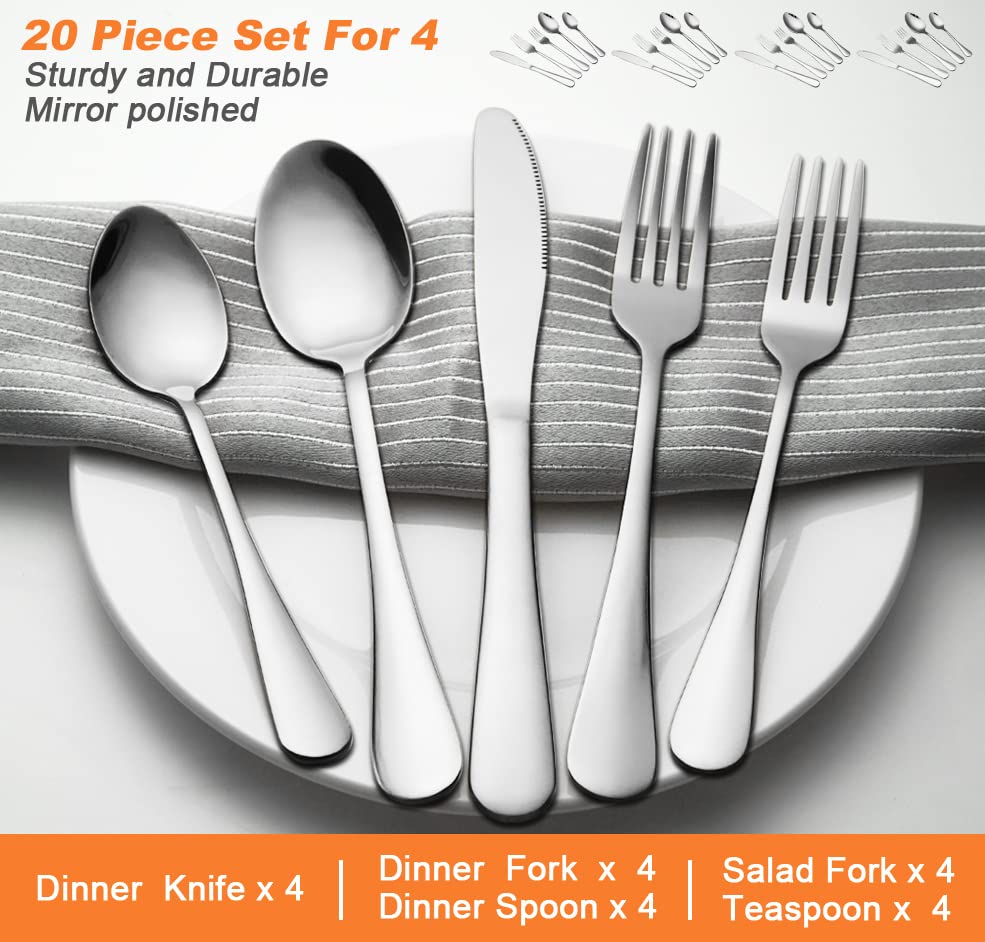 CIYOUTTO Silverware Set Flatware set ,20-Piece Service for 4,Kitchen Eating Utensils Set Stainless Steel Tableware Cutlery, Includes Dinner Knife/Fork/Spoon/Teaspoon/Salad Fork (Silver)