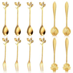 12pcs leaf flower coffee spoon set, fulandl stainless steel tea spoon dessert demitasse espresso spoons and forks, reusable tableware stirring spoon ice cream spoon for coffee, tea, cake (gold)