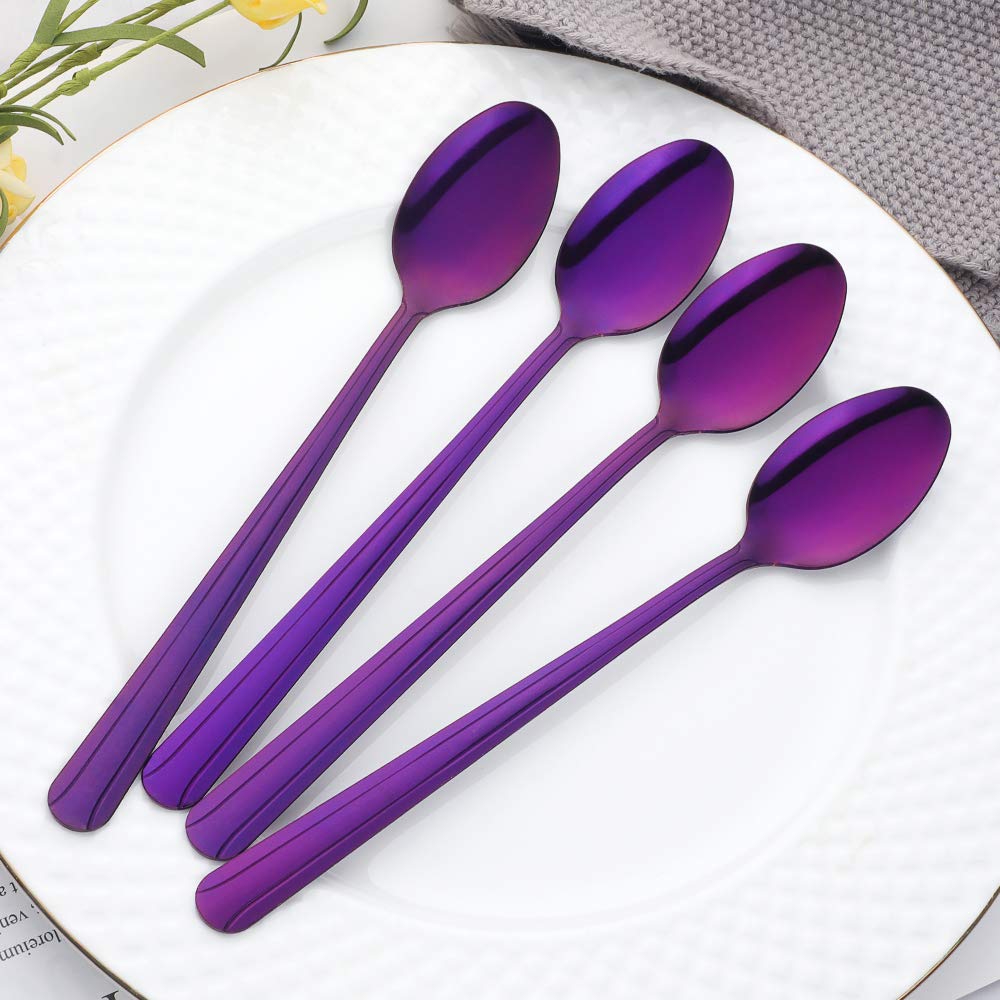 TUPMFG Iced Tea Spoon Set of 12, 8 Inch Stainless Steel Long Handle Milkshake Spoon, Ice Cream Scoop, Cocktail Stirring Spoons, Mixing Spoons for Mixing Tea, Coffee, Cold Drink- Purple