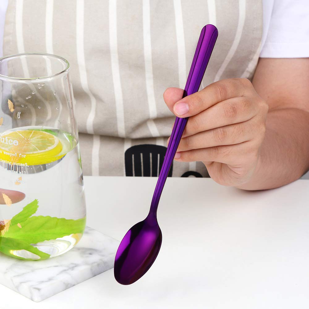 TUPMFG Iced Tea Spoon Set of 12, 8 Inch Stainless Steel Long Handle Milkshake Spoon, Ice Cream Scoop, Cocktail Stirring Spoons, Mixing Spoons for Mixing Tea, Coffee, Cold Drink- Purple