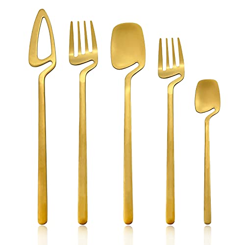 JANKNG Matte Gold Silverware Set, 20-Piece 304 Stainless Steel Flatware Hanging Cutlery Set Service for 4, Satin Finish Kitchen Utensil Set, Knife Fork Spoon Salad Fork Dishwasher Safe