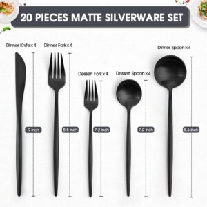 Matte Black Silverware Set,Vanston Stain Finish 20-Piece Stainless Steel Flatware Set Service for 4,Upgraded Cutlery Set for Home and Restaurant