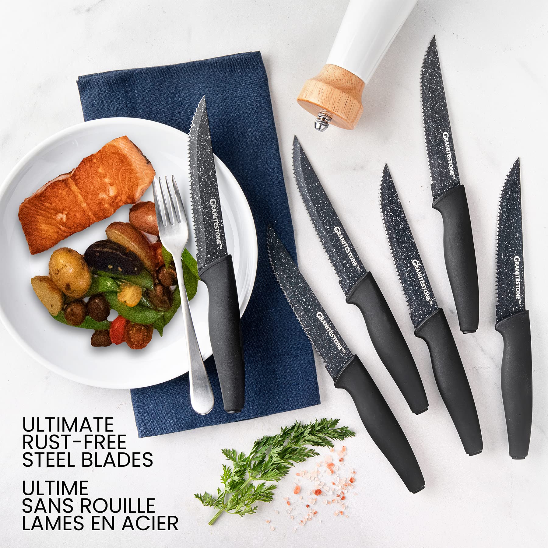 Granitestone Nutriblade Steak Knife Set, Fully Serrated Steak Knives, Stainless Steel Blade Kitchen Knife, Nonstick Coating & Dishwasher Safe For Home and Restaurant Use – Black (Set of 2)