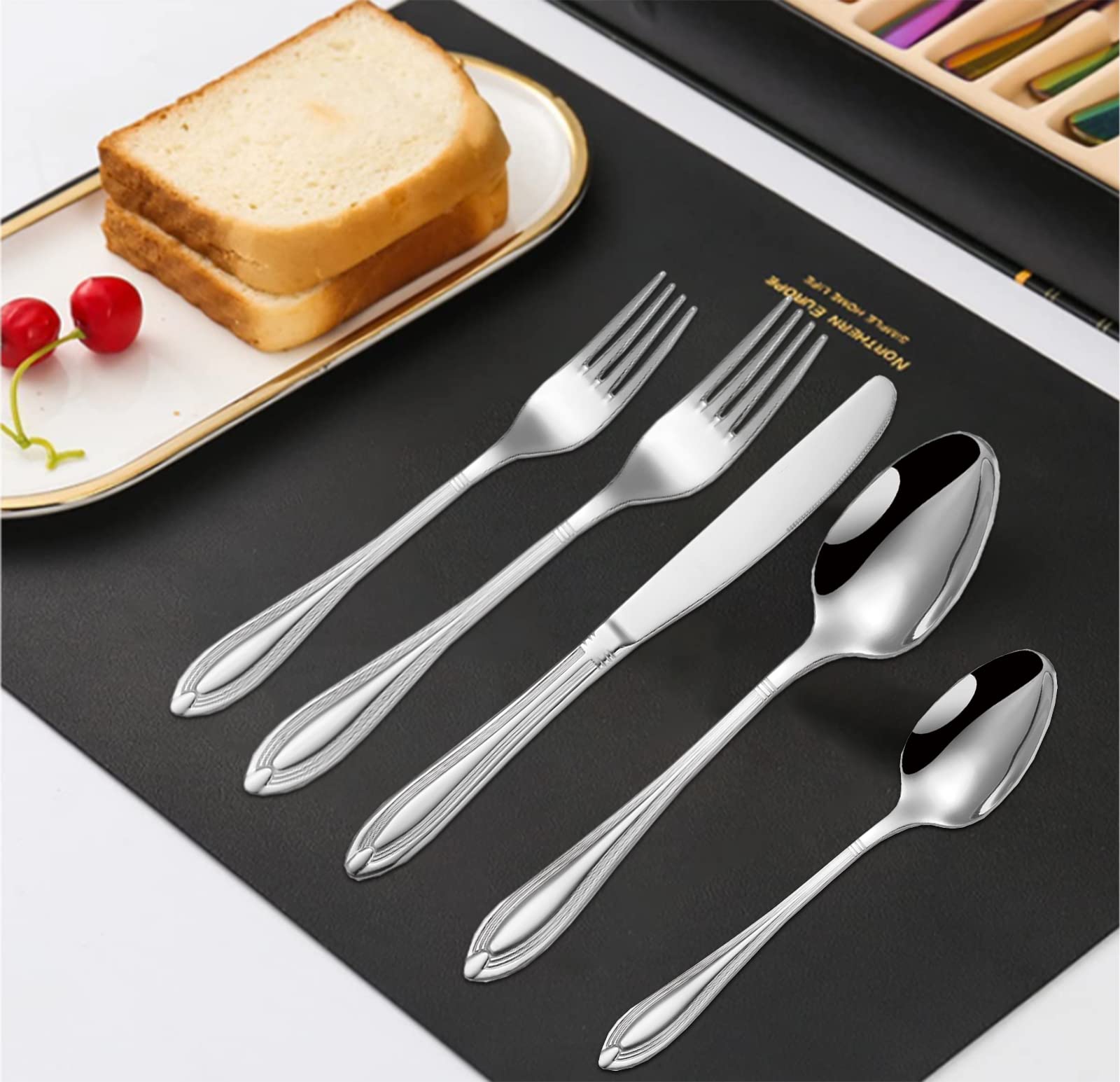 Silverware Set with Steak Knives, Caliamary 24-Piece Stainless Steel Flatware Cutlery Set for 4, Kitchen Cutlery Set for Home Kitchen Restaurant Hotel, Mirror Polished, Dishwasher Safe